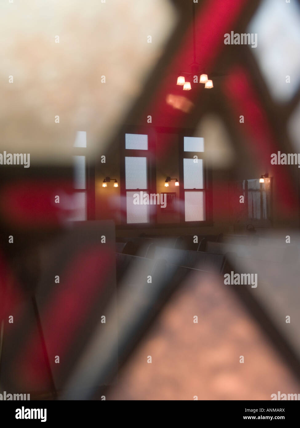 Reflections in stained glass windows inside Jewish synagogue temple ...
