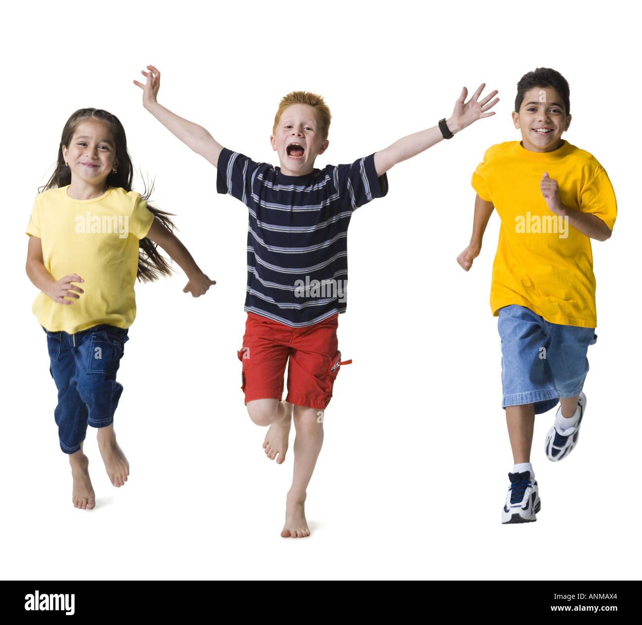 Portrait of a boy shouting and running with his friends Stock Photo - Alamy