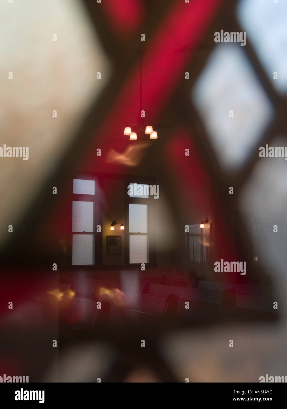Reflections in stained glass windows inside Jewish synagogue temple ...