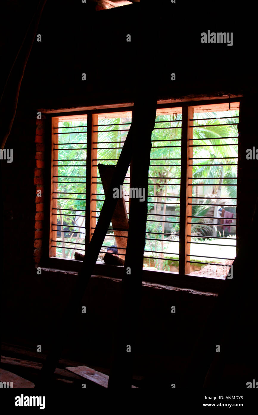 View of the outdoor seen from inside through the window of a building ...