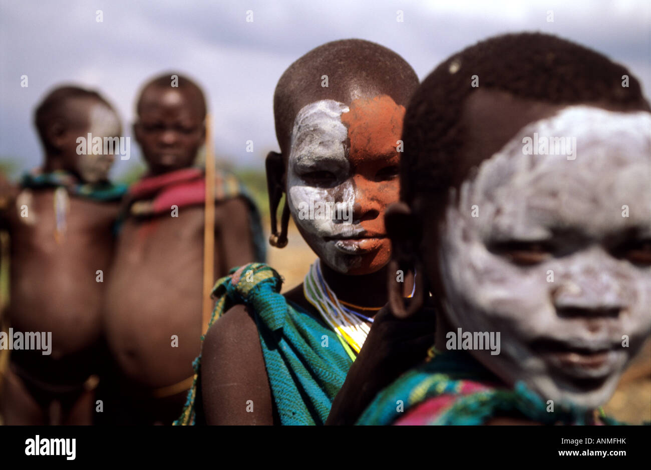 Colorful Surma girls in their village along the Kibish river , Omo ...