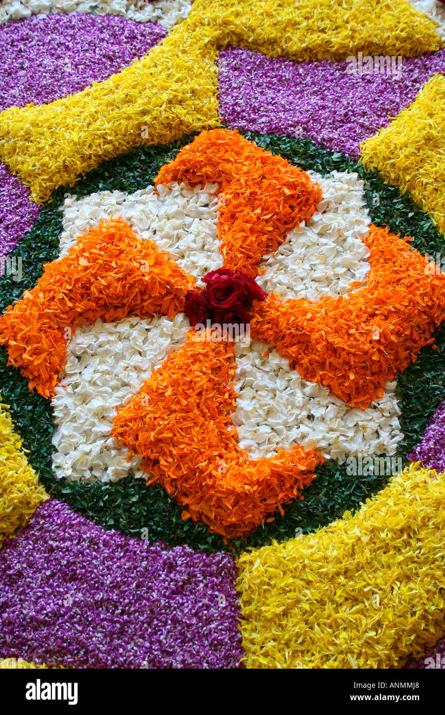 Close up of the centre of a traditional Kerala style floral decoration ...