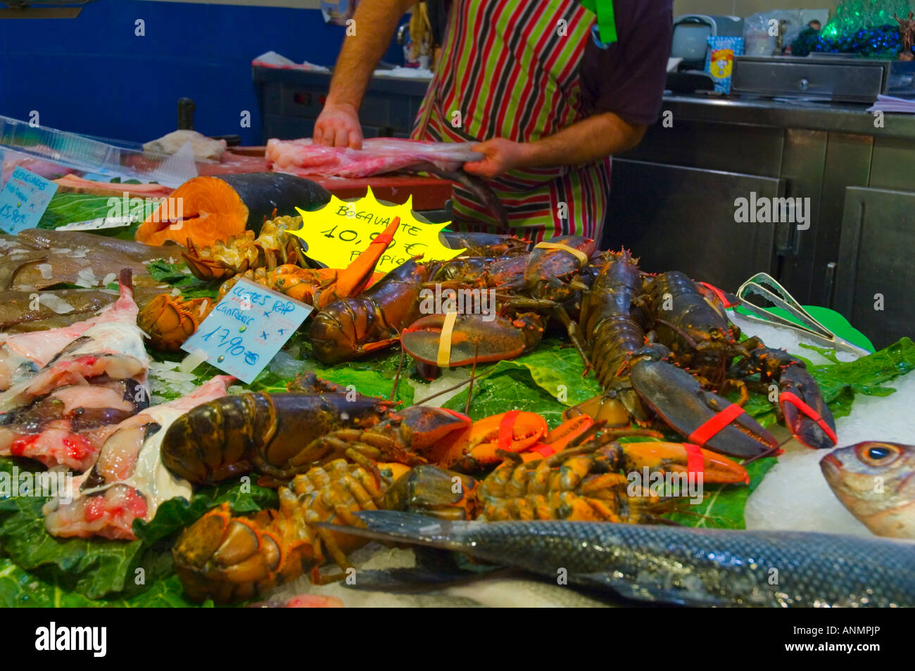Exotic seafood at a market in Barcelona Catalonia Spain EU Stock Photo ...