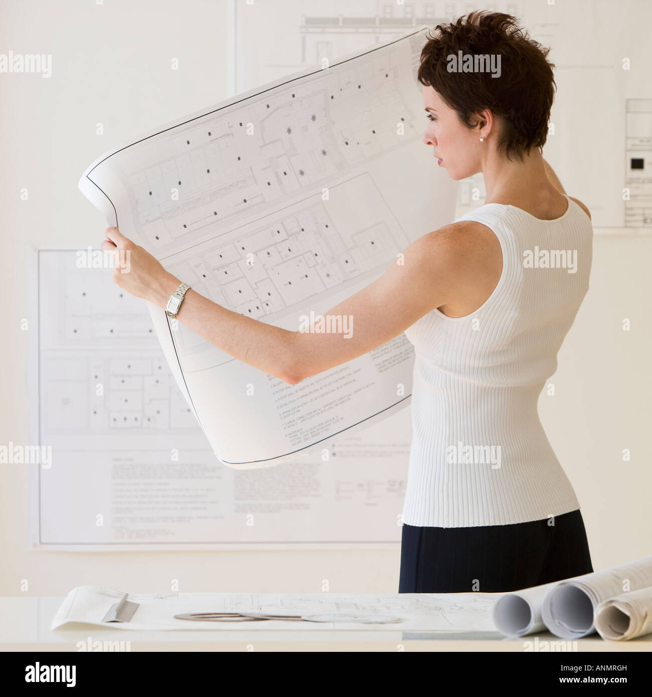 Businesswoman looking at blueprints Stock Photo - Alamy
