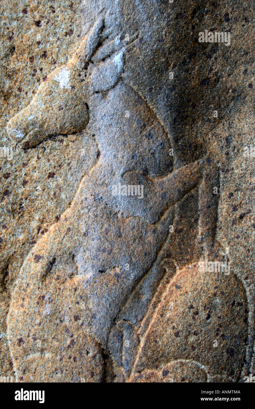 Sculpture on stone of a deer turning its head back with legs raised ...