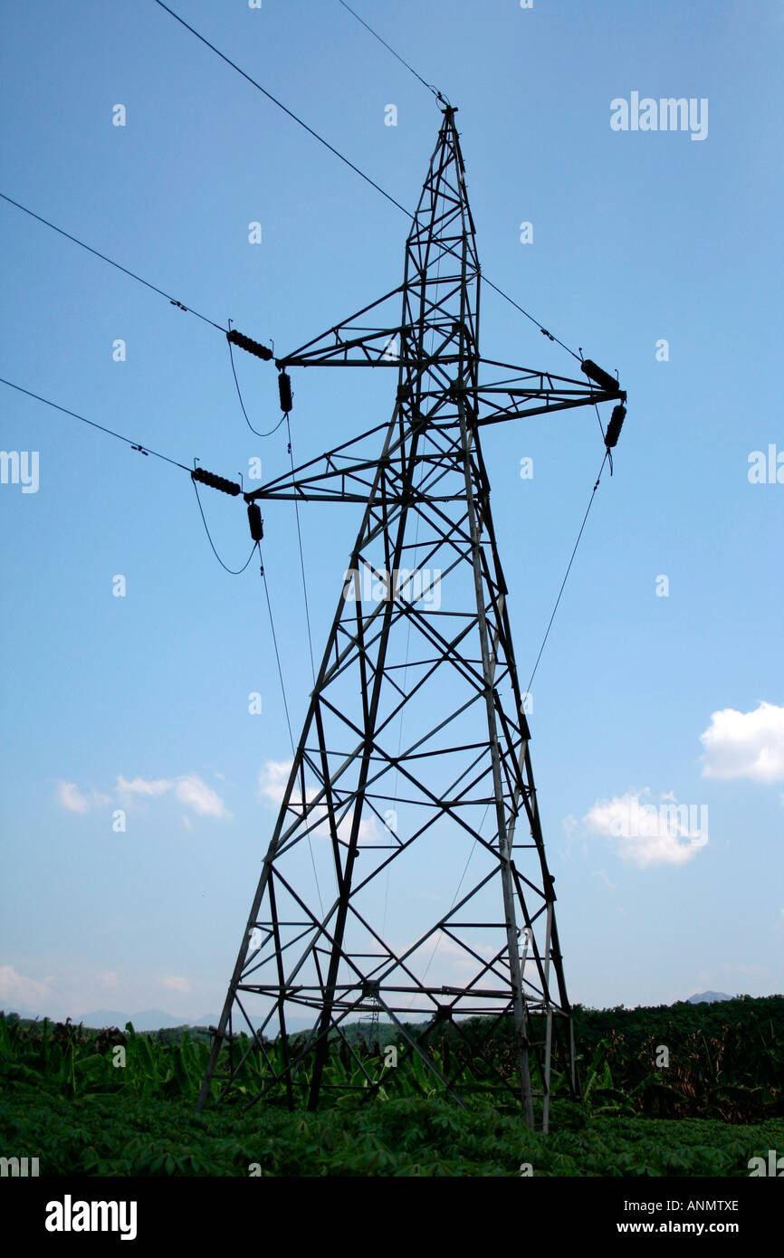 A transformer erected in a green landscape seen against a blue sky ...