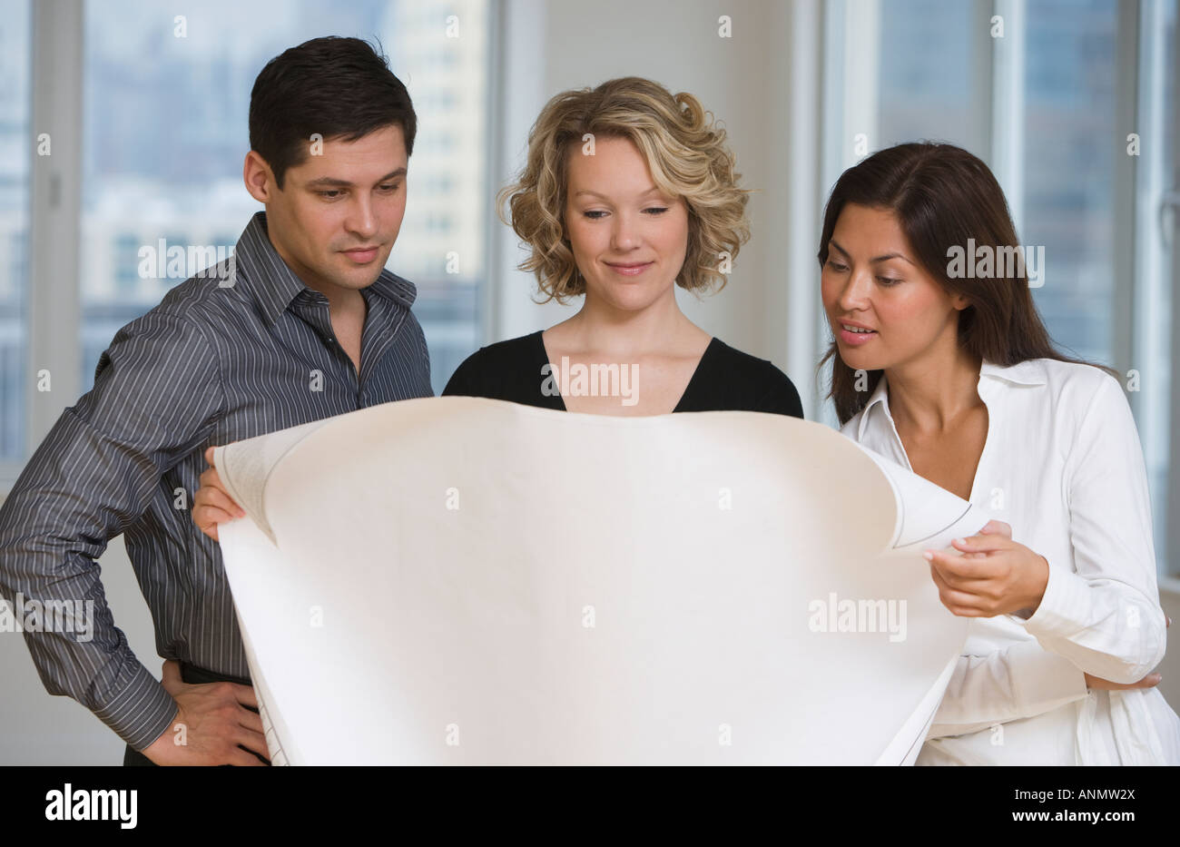 Multi-ethnic businesspeople looking at blueprints Stock Photo - Alamy