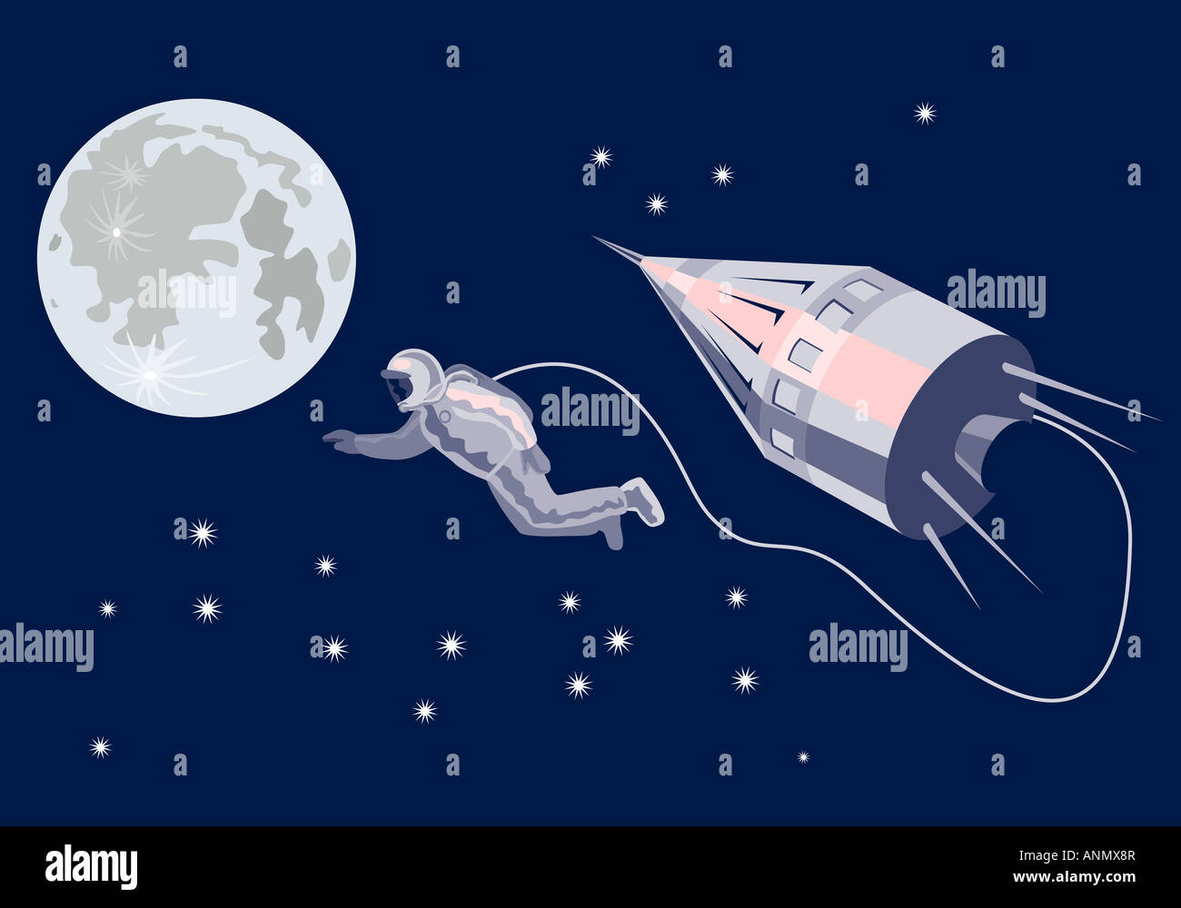 astronaut with lunar capsule spaceship in space with moon in background ...