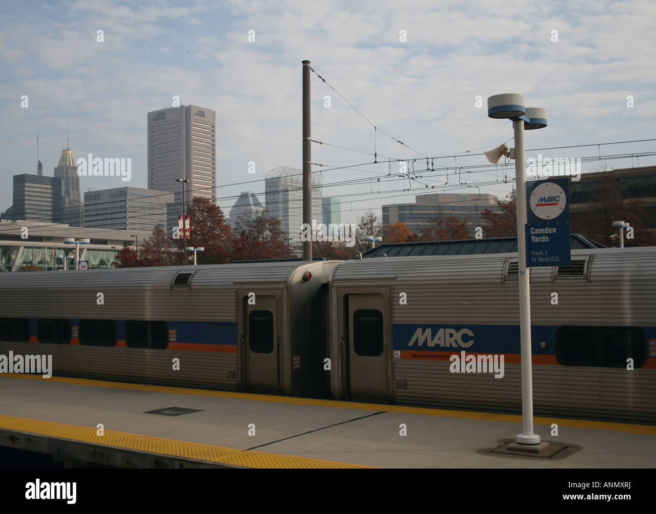 MARC train at platform with Baltimore skyline November 2007 Stock Photo ...