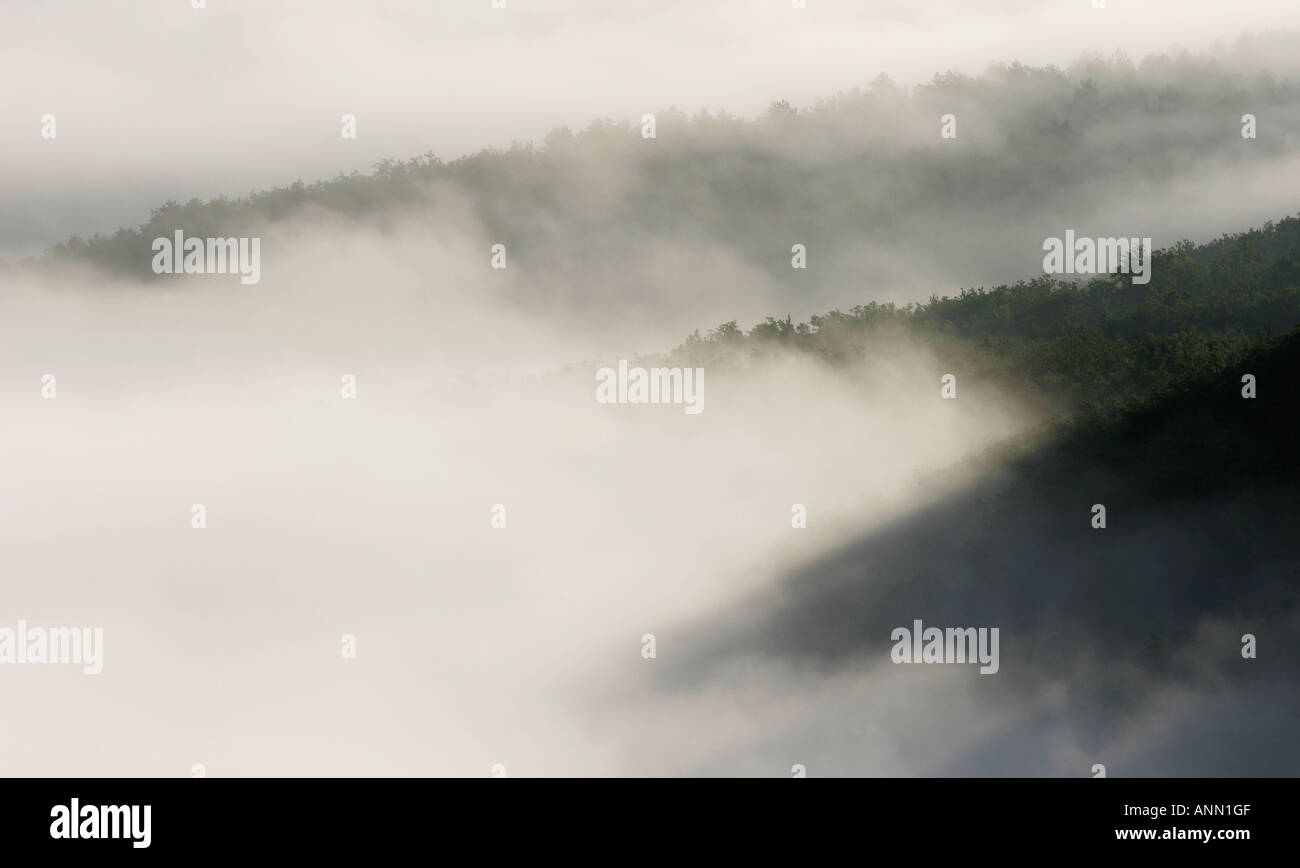 Mist clearing from tree lined hills Stock Photo - Alamy