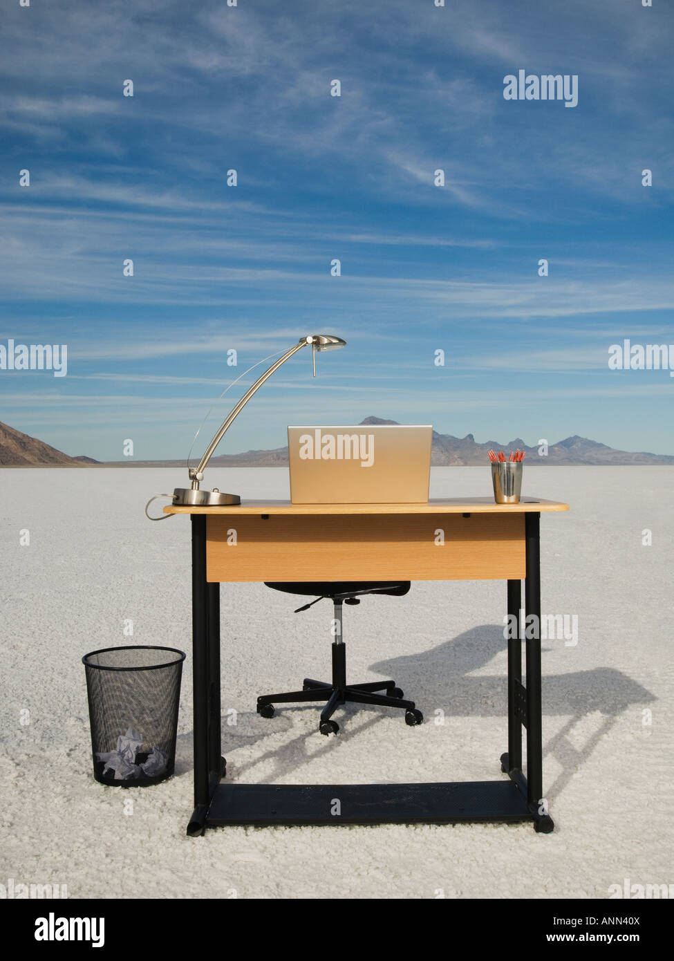 Desk with laptop on salt flats, Salt Flats, Utah, United States Stock ...