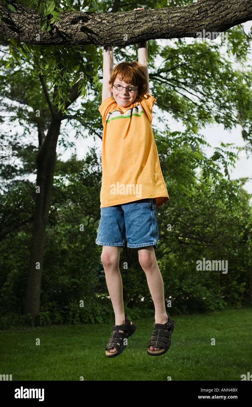 Boy hanging on tree branch Stock Photo - Alamy