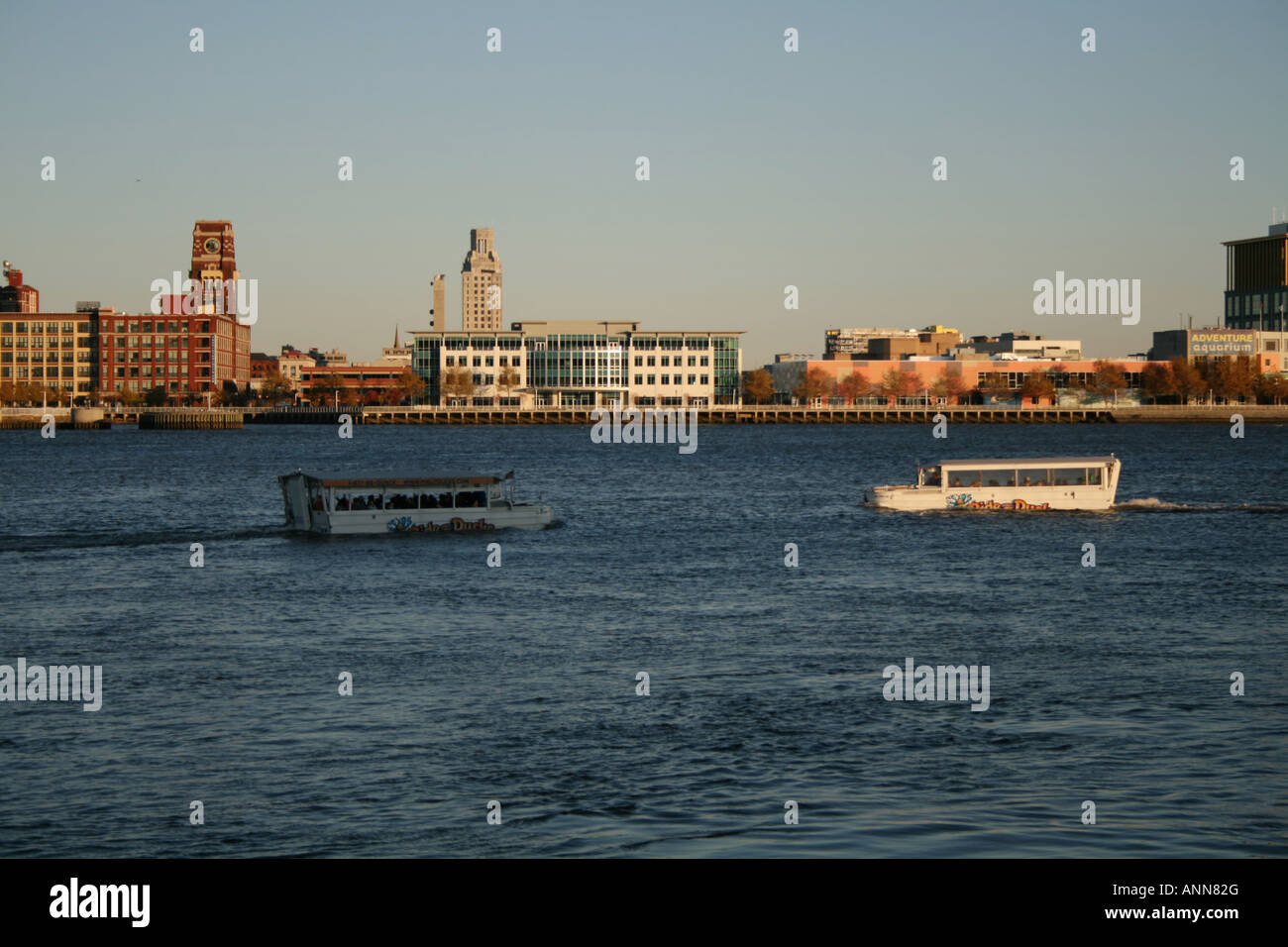 Two Duck tours amphibious landing craft on Delaware River Philadelphia ...