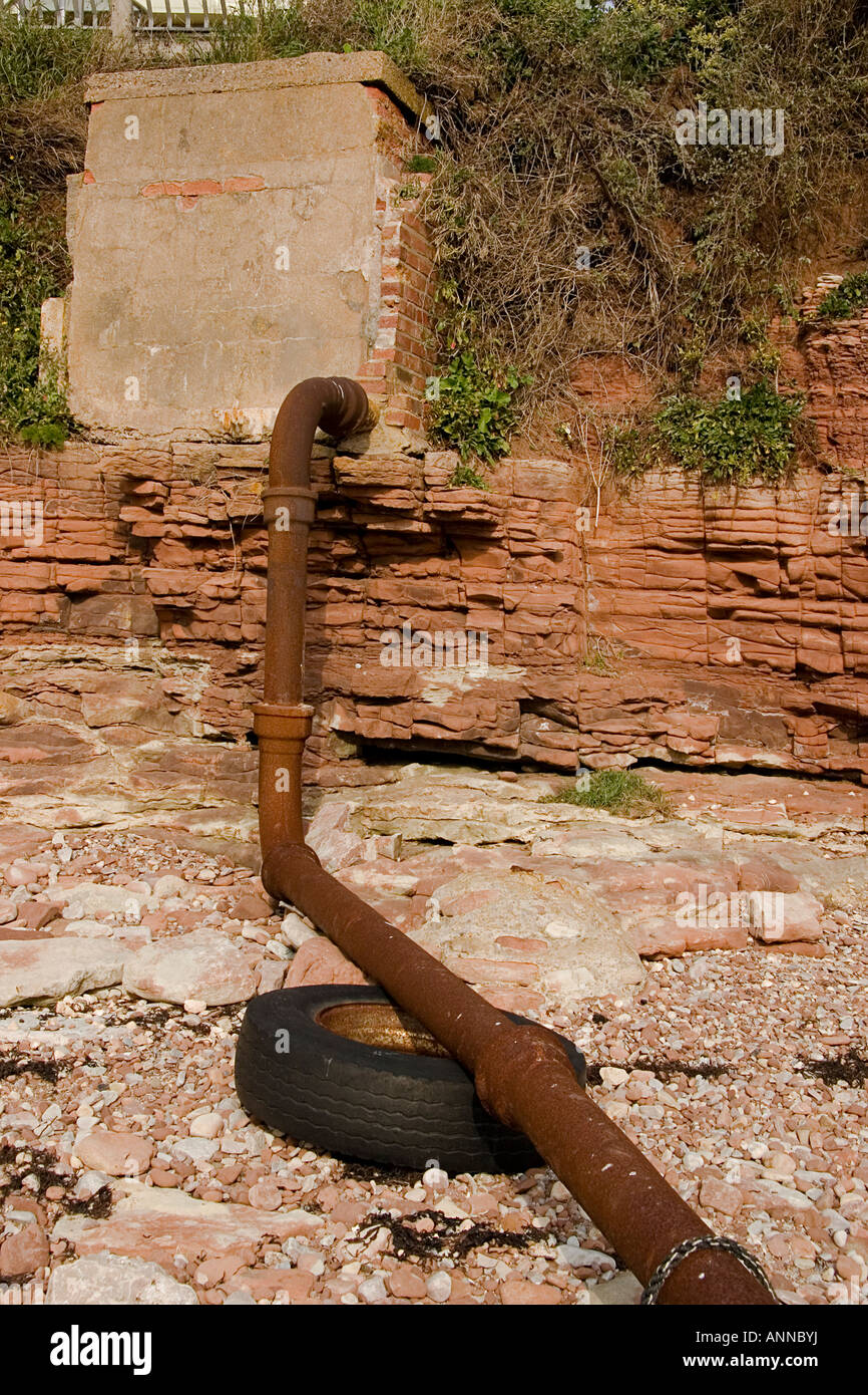 Sewage outfall pipe from caravan site across Sully beach SE Wales Stock ...