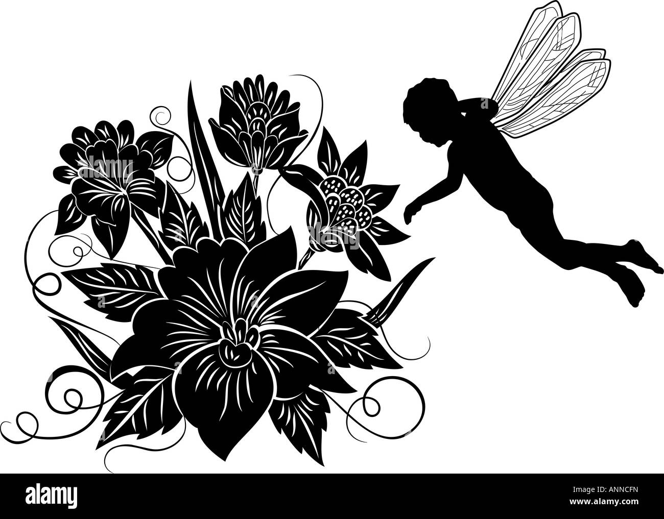 Silhouette elf with flower Stock Photo - Alamy