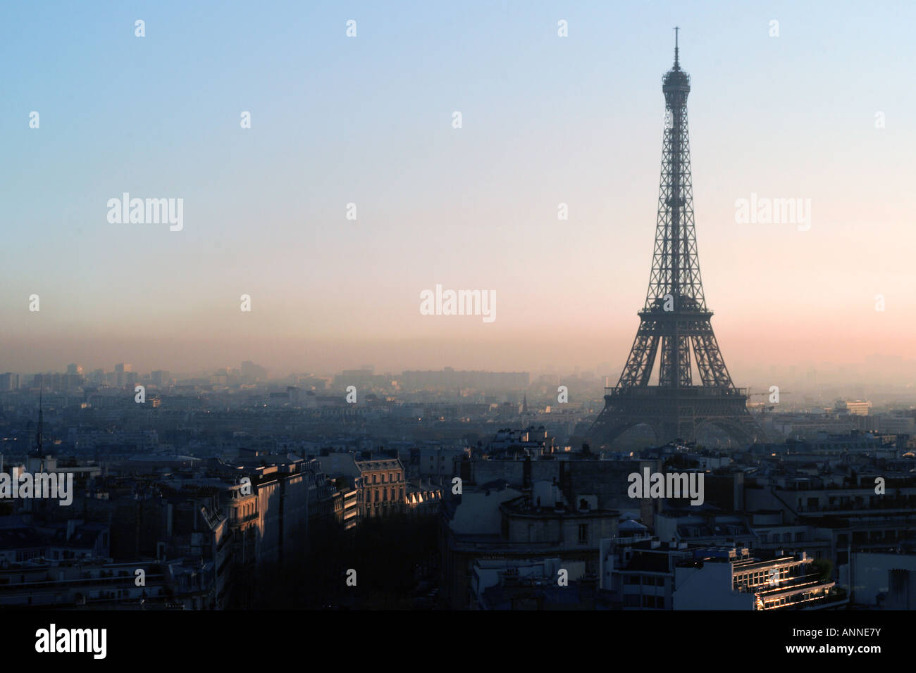 Looking towards the Eiffel Tower from the Arc de Triomphe at dusk in winter Paris France Stock ...
