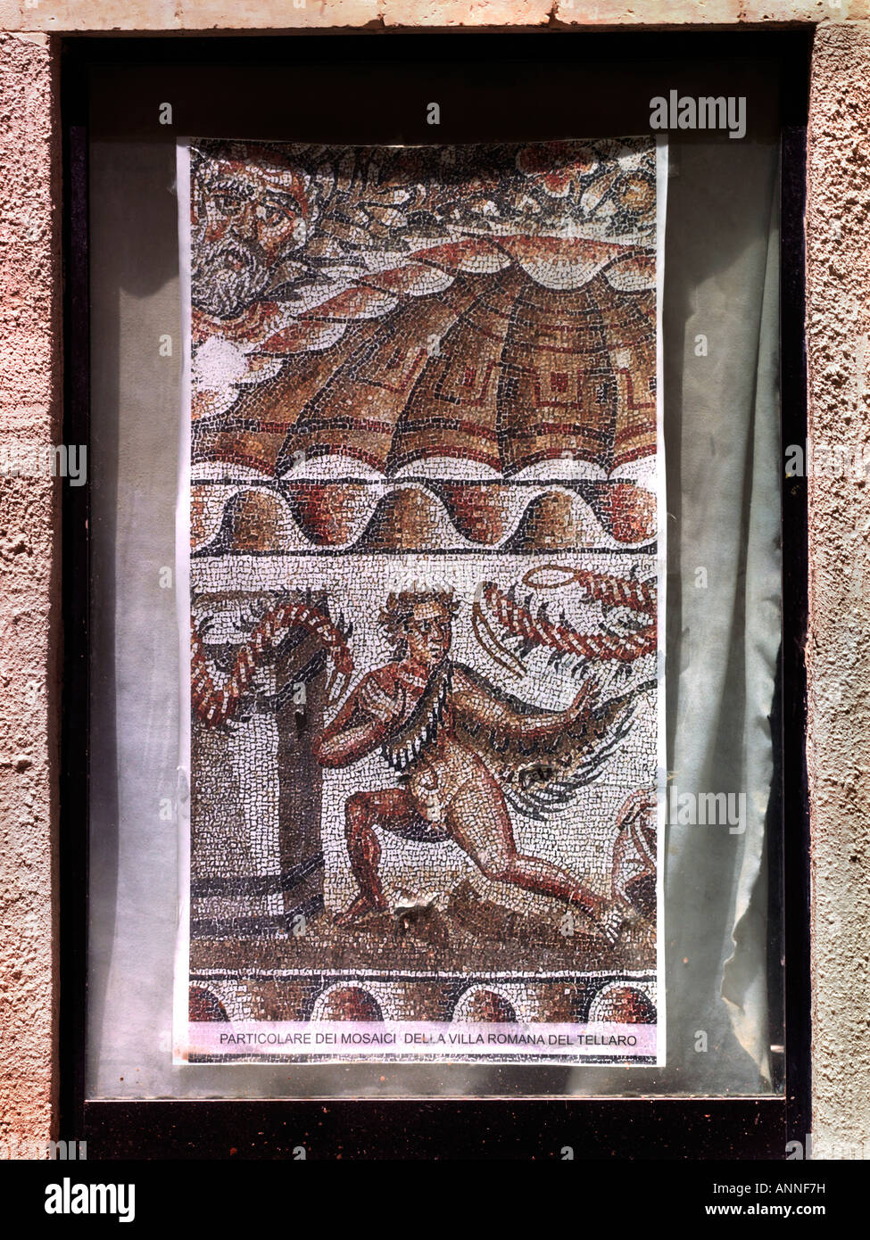 Noto Sicily Italy Window with Picture of Mosaic from the Roman Villa of ...