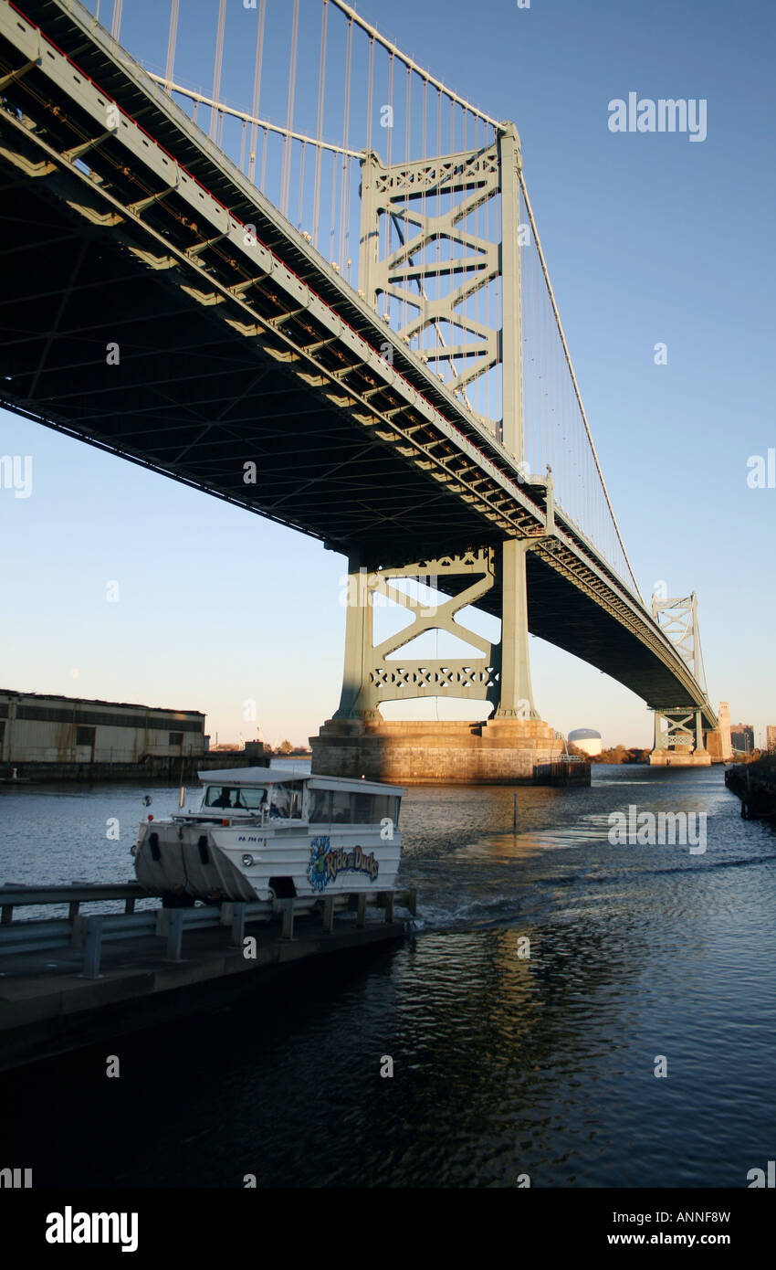Duck tours amphibious landing craft entering Delaware river near ...