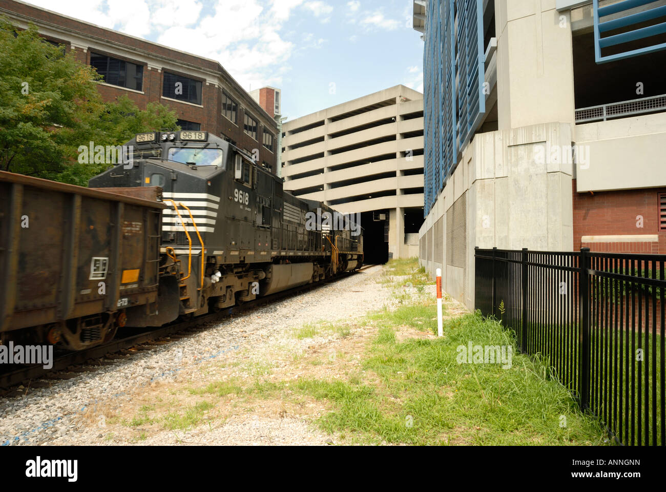 Series of Rail Road Train going under parking garage in Columbus Ohio ...