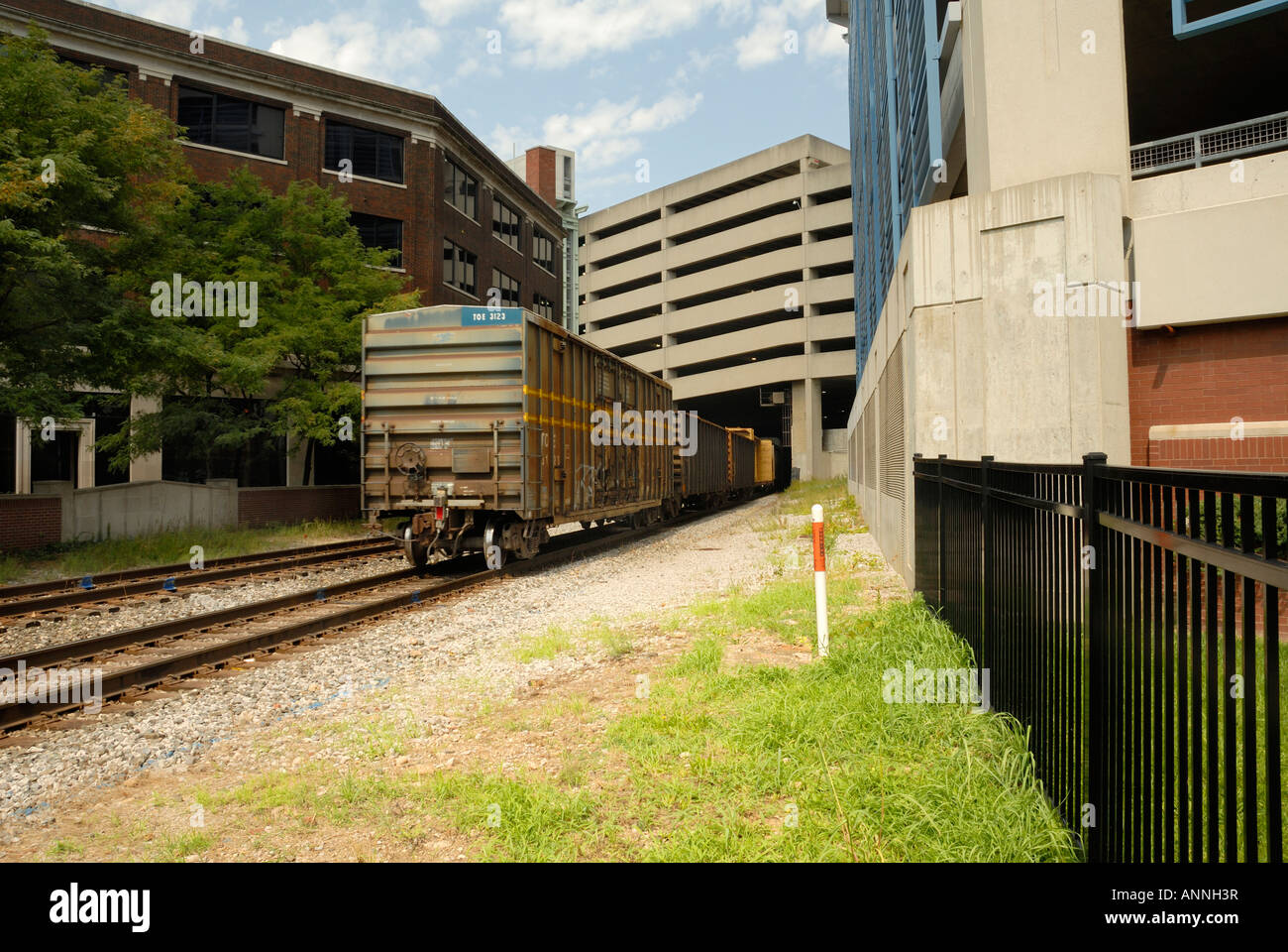 Series of Rail Road Train going under parking garage in Columbus Ohio ...