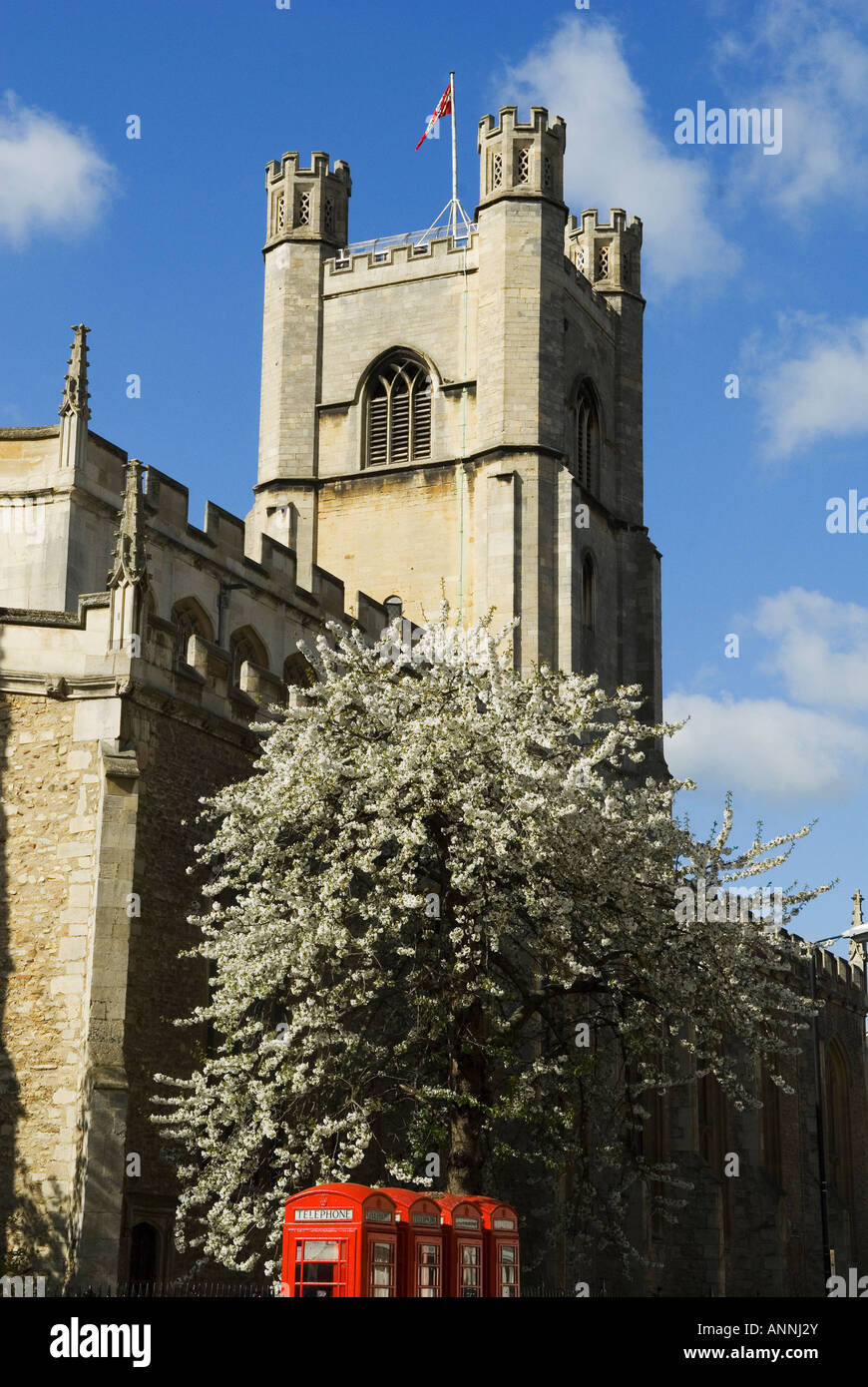 Rear view of Saint Mary's Church Cambridge in Spring with red phone ...