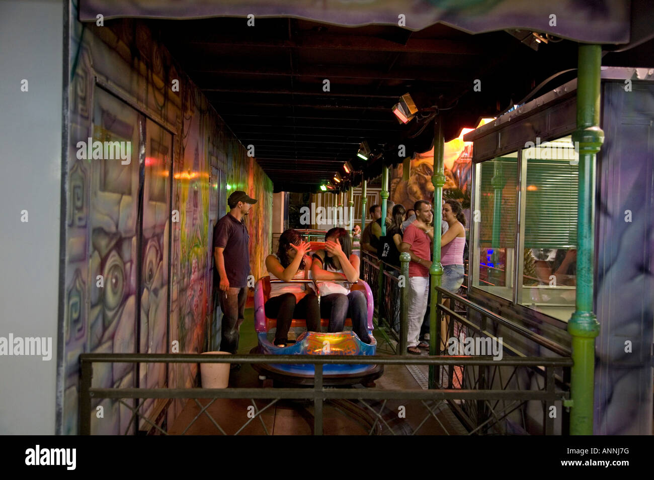 Two Girls in Car at Start of Ghost Train Ride Funfair Nettuno Park ...