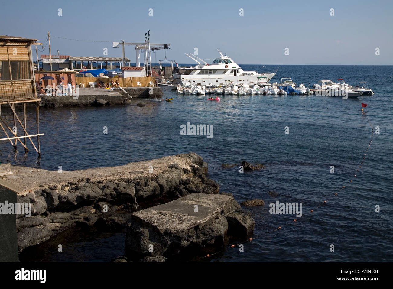 Boats Swimming Sunbathing Platform Capo Mulini Sicily Italy Stock Photo ...
