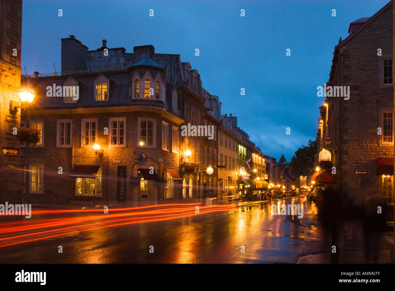 Rain slicked streets of Old Quebec City in the province of Quebec ...