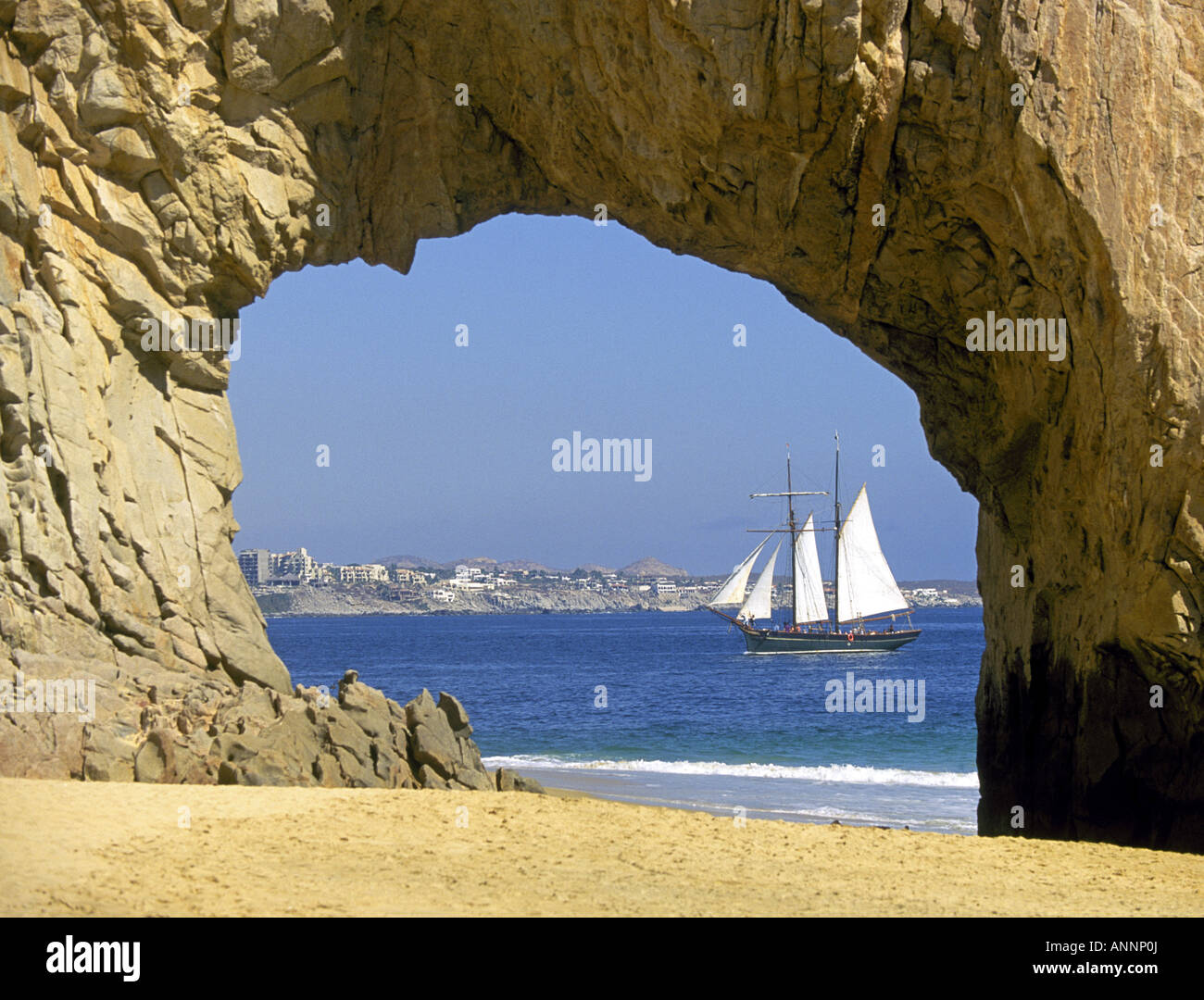 A schooner sailing ship through El Arco on the Sea of Cortez Gulf Of ...
