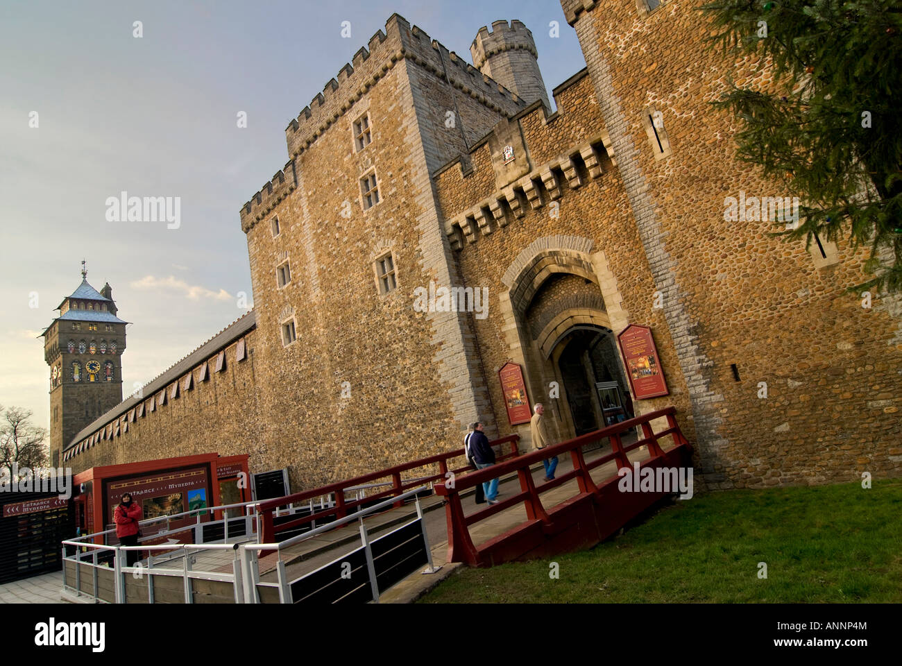 Horizontal wide angle of Cardiff Castle [Castell Caerdydd] on a bright ...