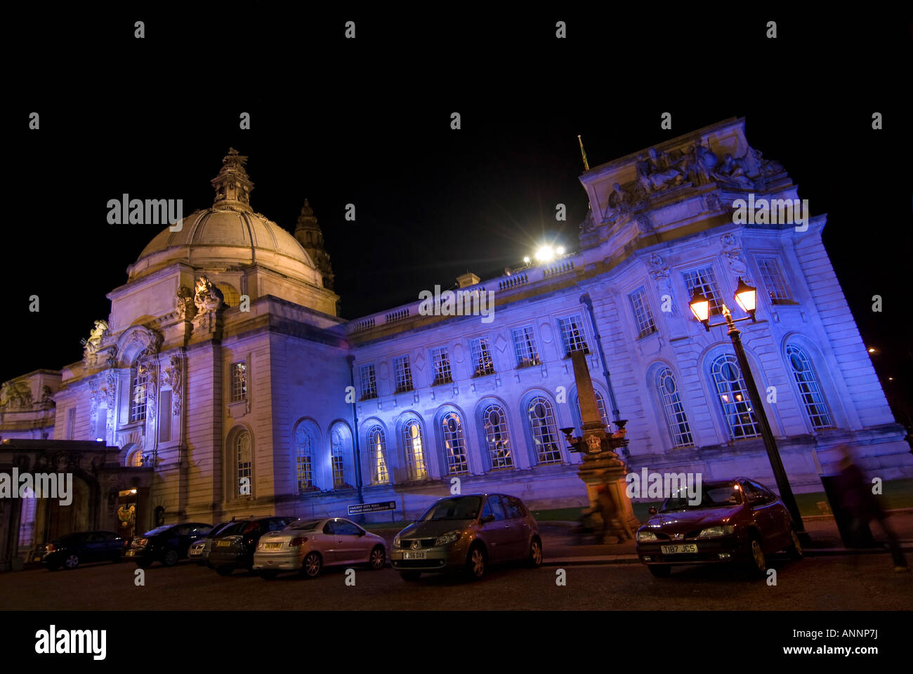 Horizontal wide angle of Cardiff City Hall illuminated at night Stock ...