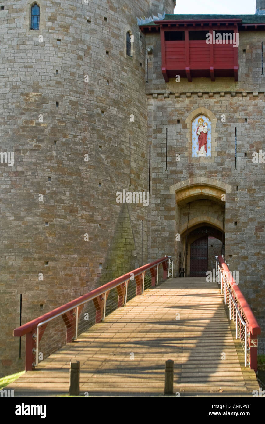 Vertical close up of the drawbridge entrance to the 'fairytale' gothic ...
