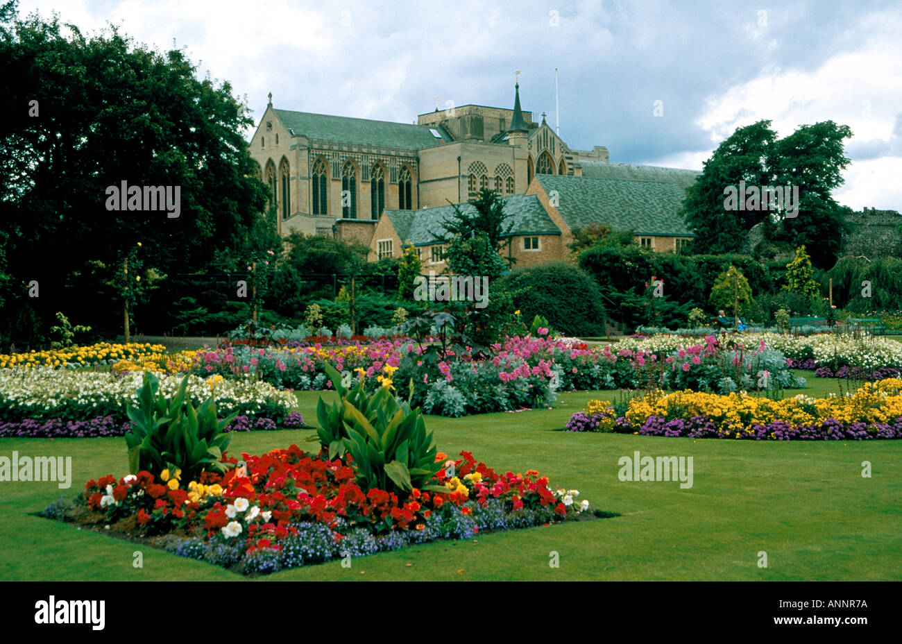 Lawn and colourful flower beds in summer at Abbey Gardens Bury Suffolk ...