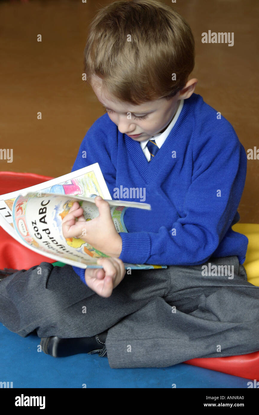 Young boy reading a book in the classroom Stock Photo - Alamy