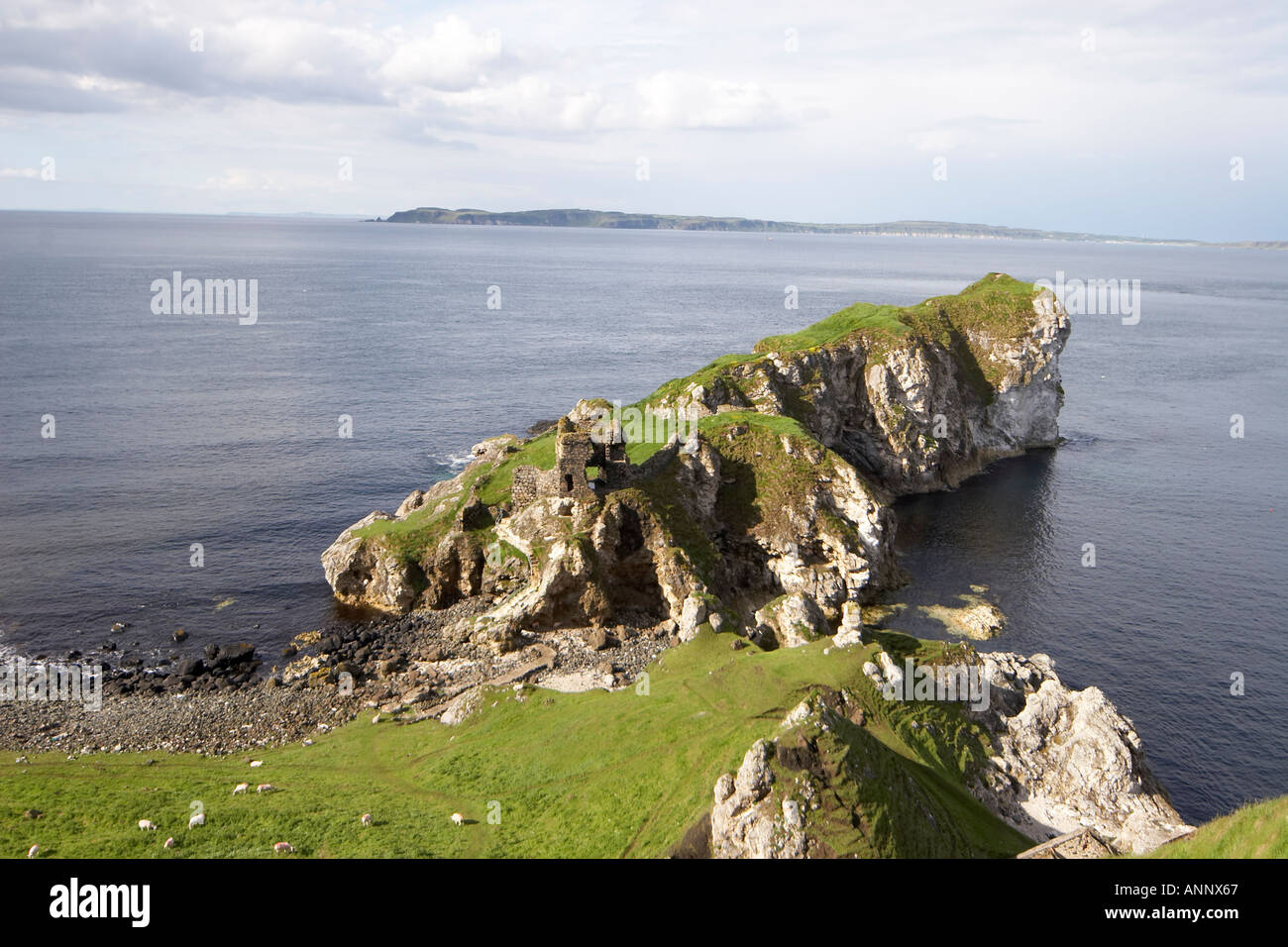 Kinbane Castle and White Head with Rathlin Island on the north coast of ...