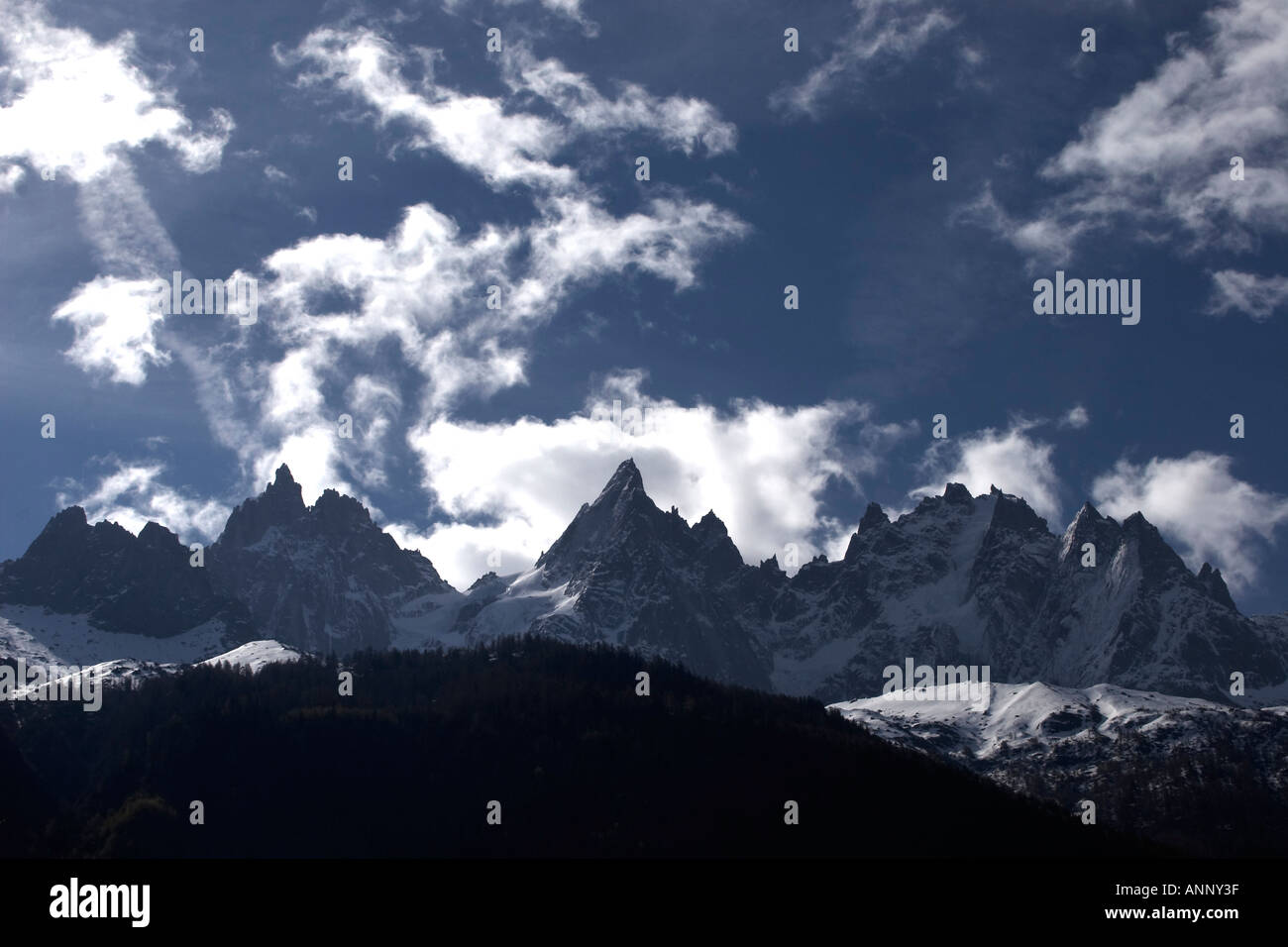 Sharp edged jagged ridges and aguille peaks in mountains of Mont Blanc ...