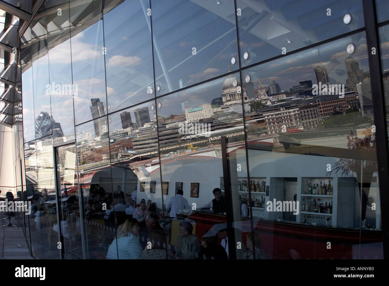 Abstract reflections of City of London EC3 in window of OXO Tower ...