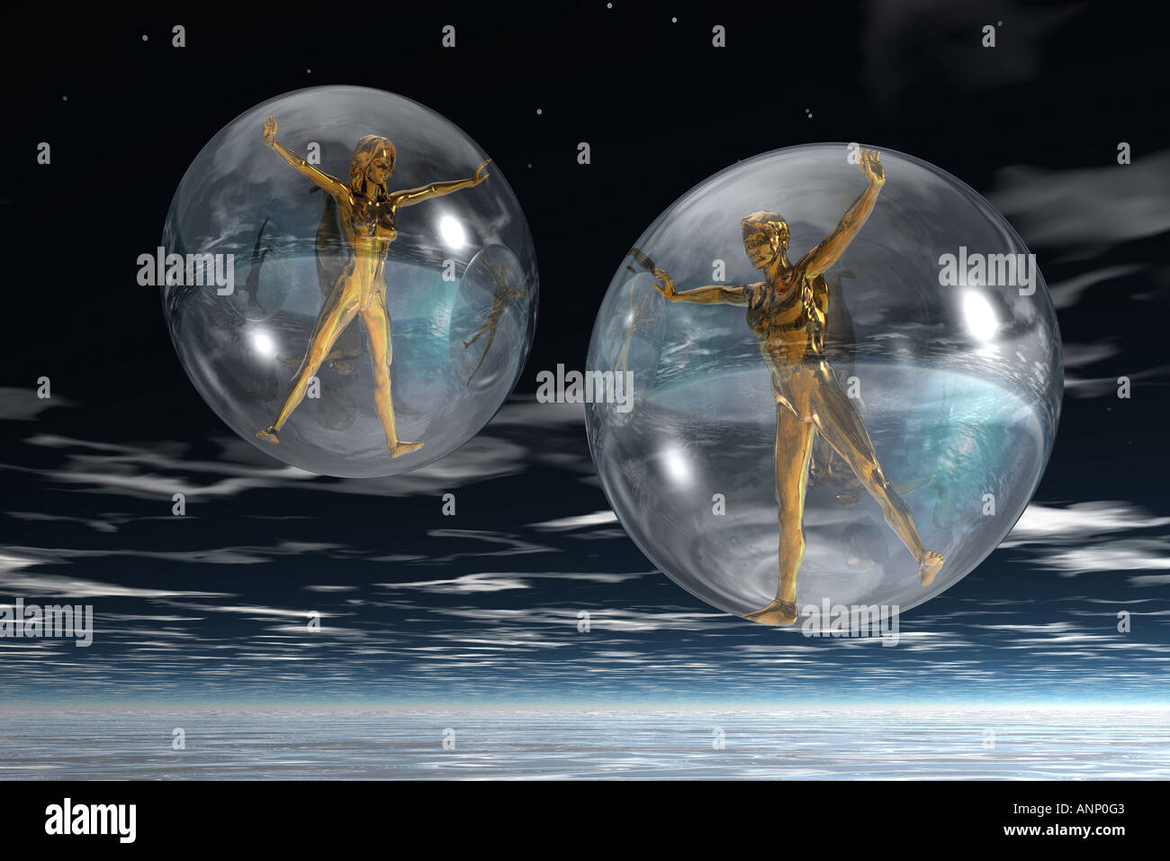 Low angle view of two golden people trapped in bubbles Stock Photo - Alamy