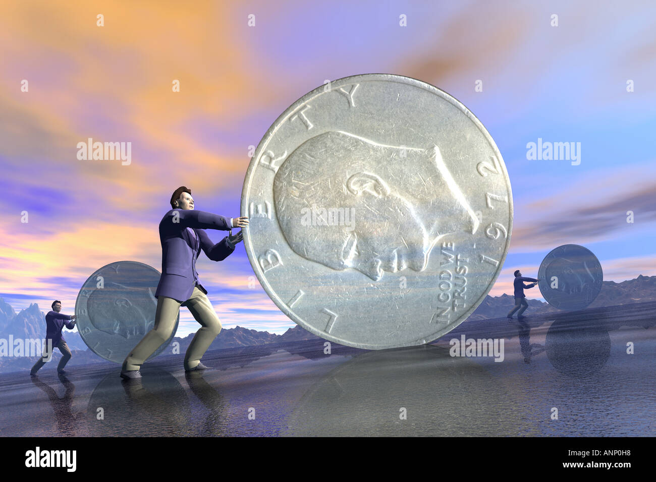 Profile of businessmen pushing oversized coins Stock Photo - Alamy