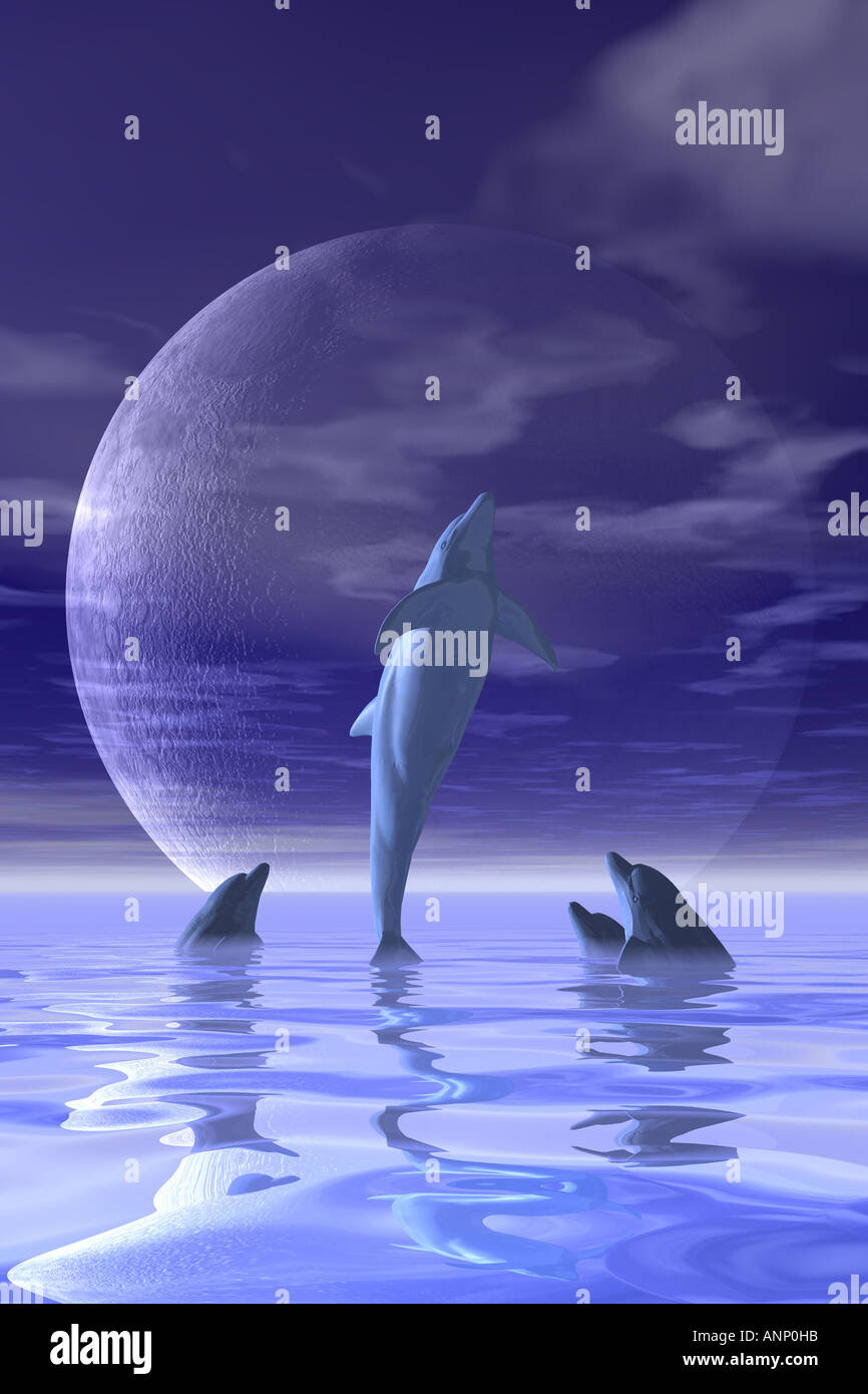 Four dolphins in the ocean one jumping with a transparent moon in the ...