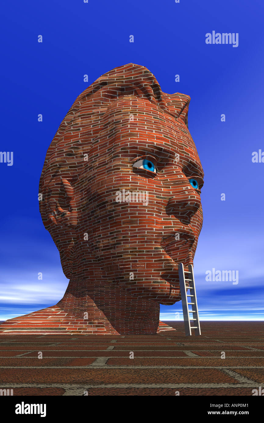 Profile of a human face made of bricks with a ladder leading to the ...