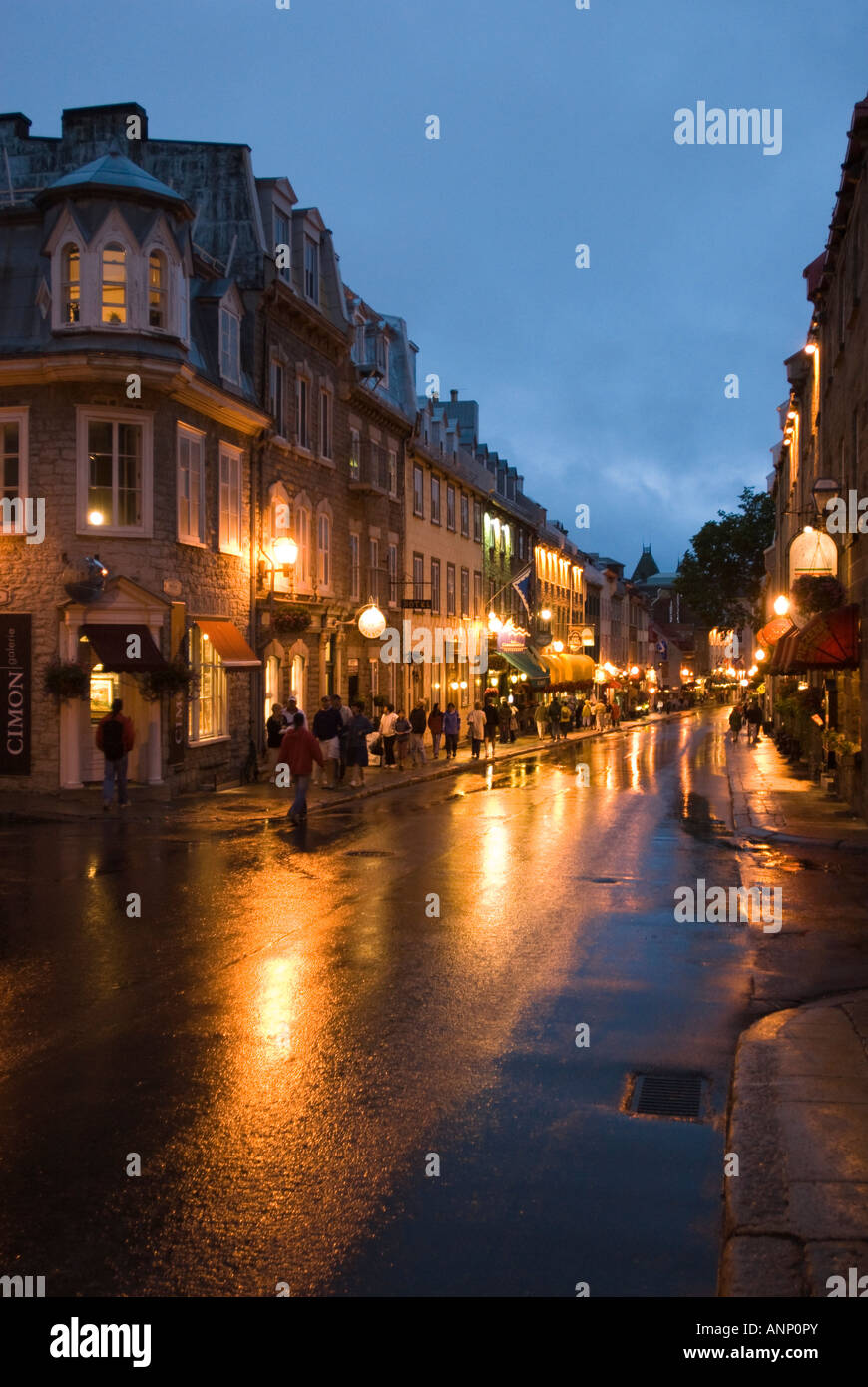 Rain slicked streets of Old Quebec City in the province of Quebec ...