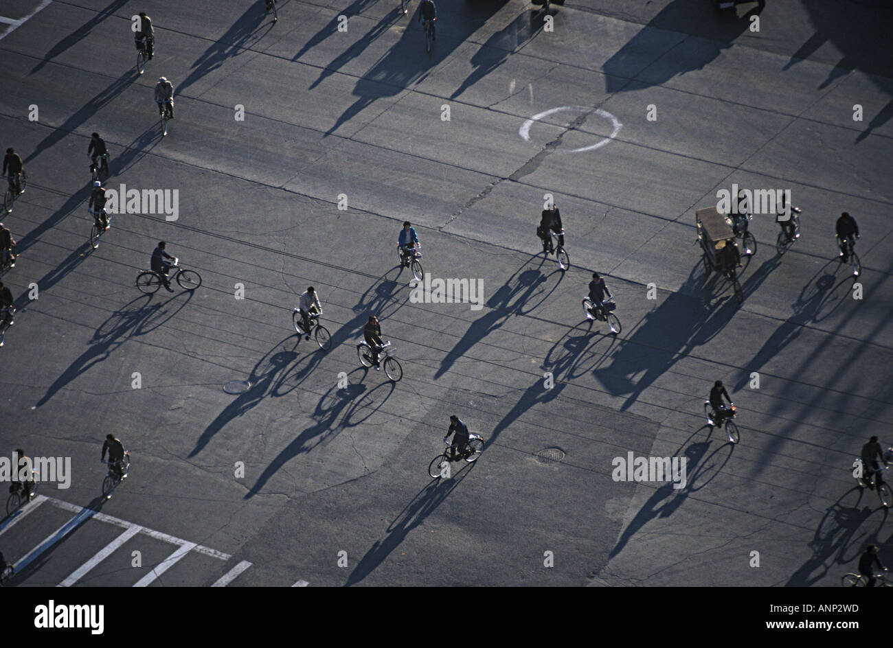 High angle view of a large group of people riding bikes in a street ...
