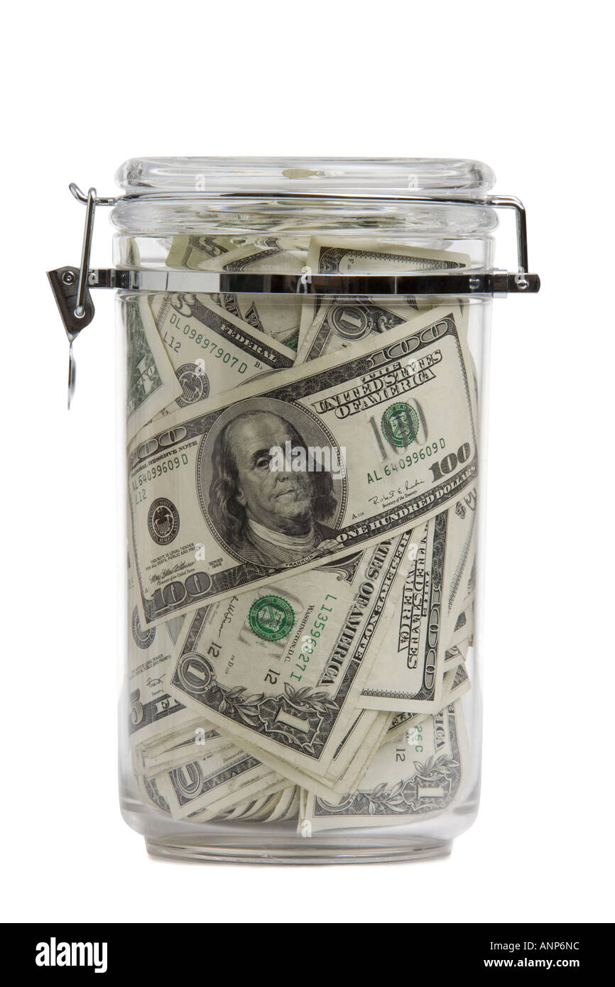 One hundred dollar bills jar hi-res stock photography and images - Alamy