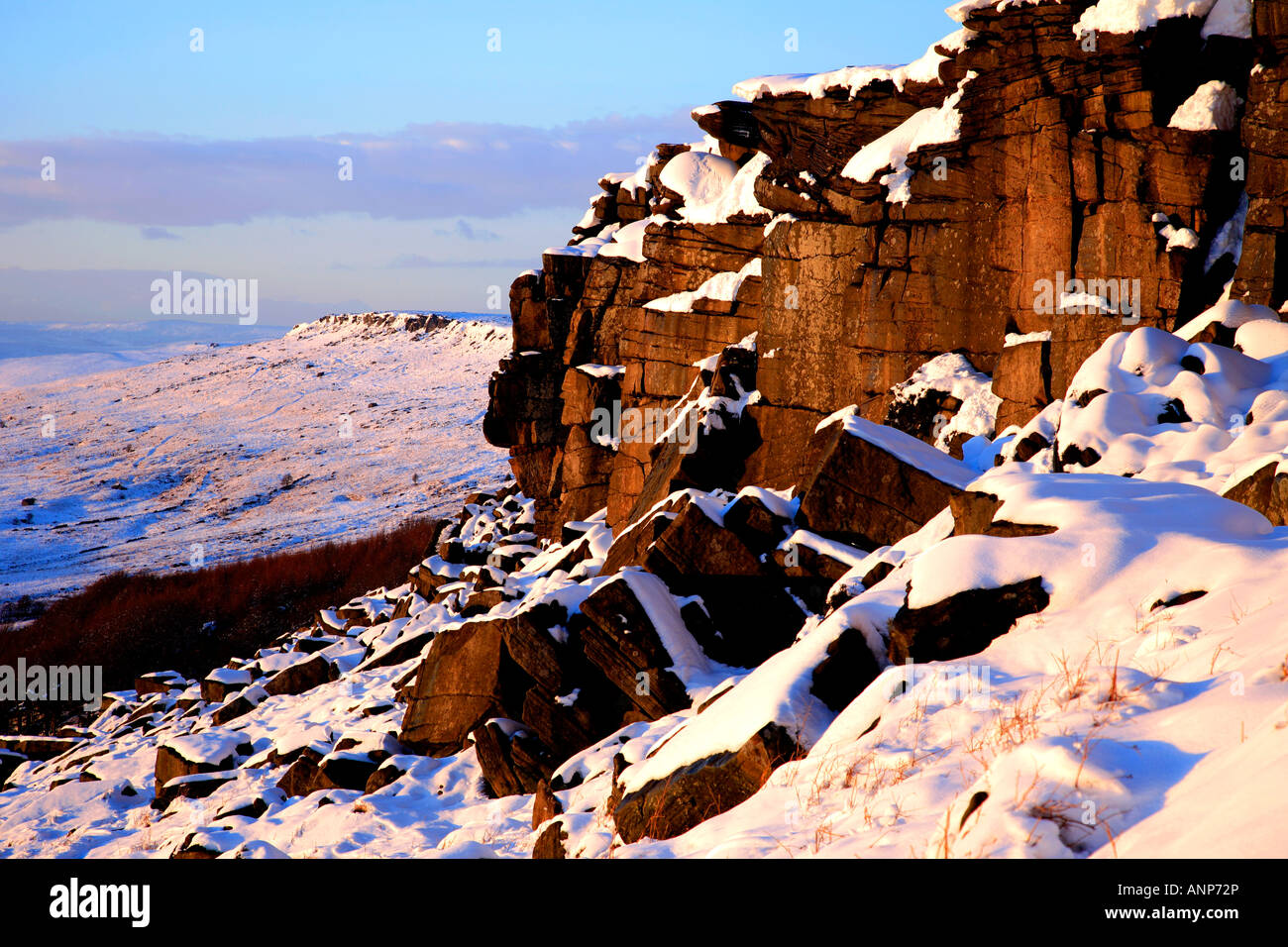 Late Winter Sunset on a Snowy Stanage Edge Peak District National Park ...