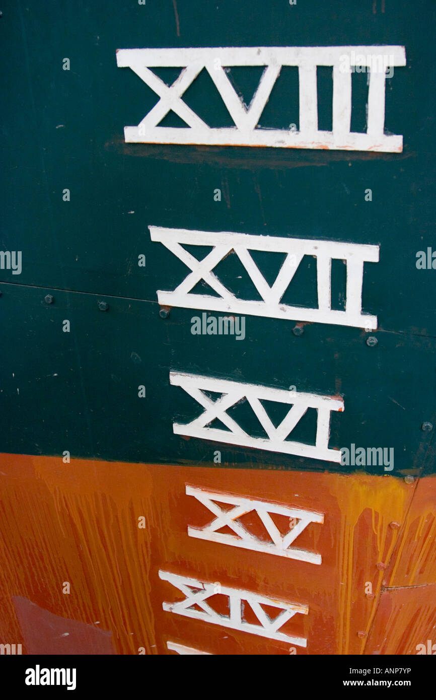 Water depth markings on the hull of a ship Stock Photo - Alamy