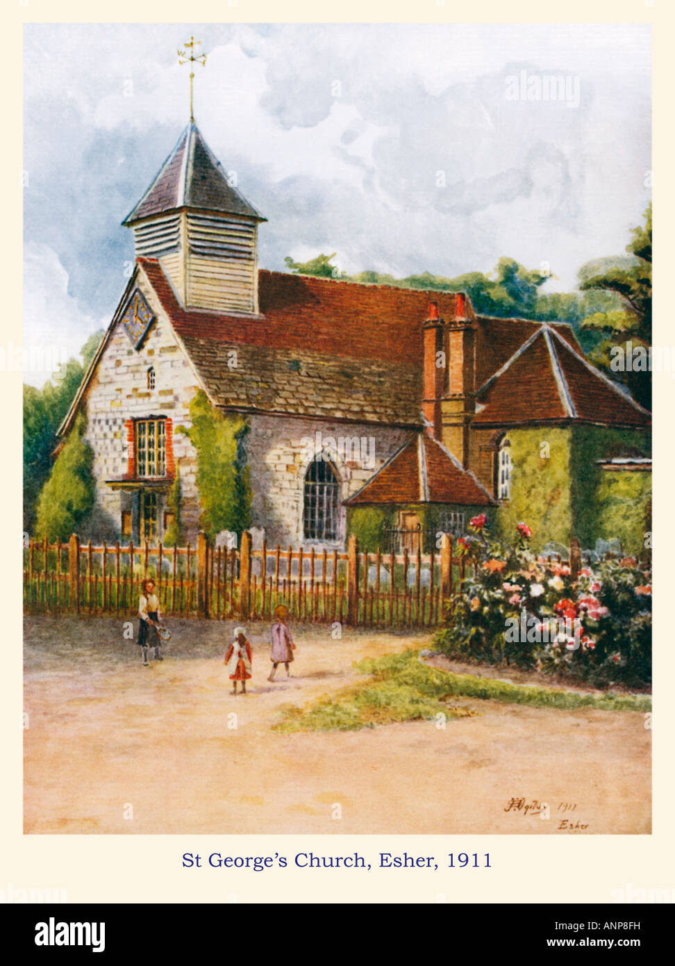 St Georges Church Esher 1911 watercolour of the 16th Century church in ...