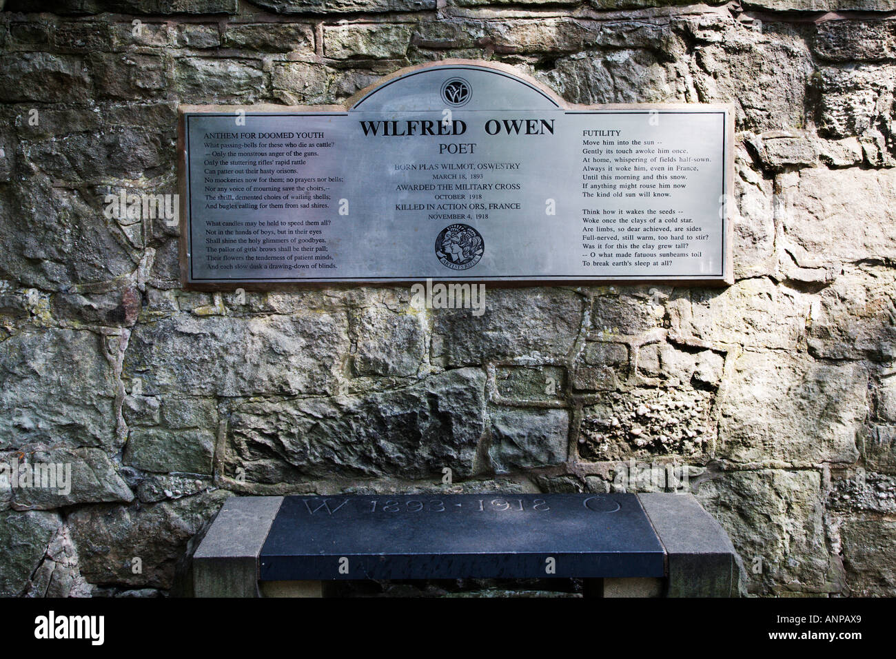 Memorial to Poet Wilfred Owen in the Town of Oswestry His Birthplace Shropshire England Stock ...