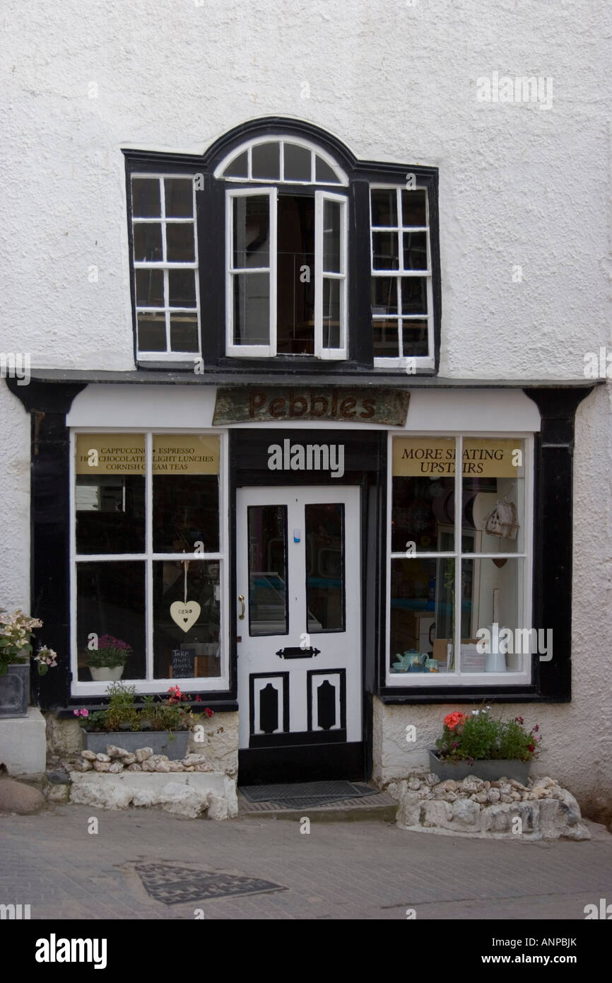 Pebbles black and white shop in Port Isaac Stock Photo - Alamy
