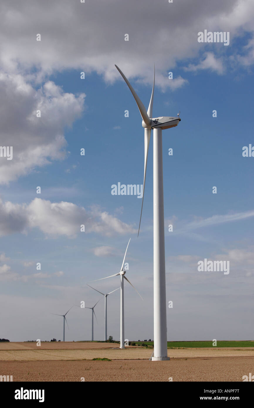 Green energy being provided by wind turbines near Falaise in Normandy ...